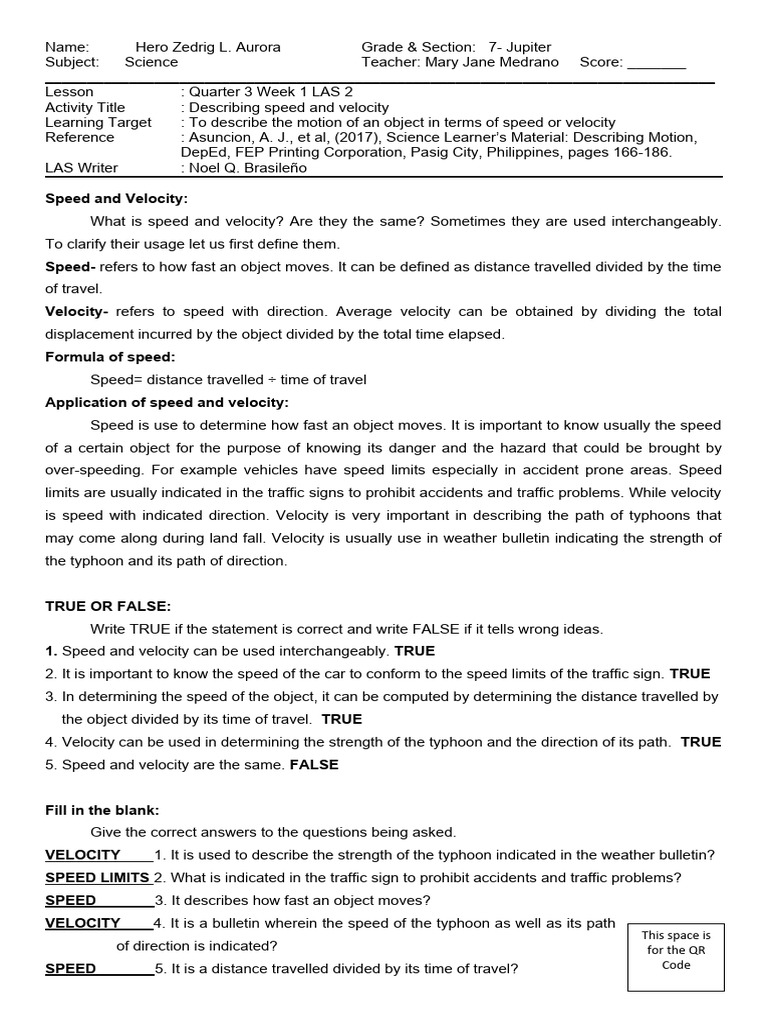 Science 7 q3 WK 1 Las 2 | PDF | Speed | Velocity