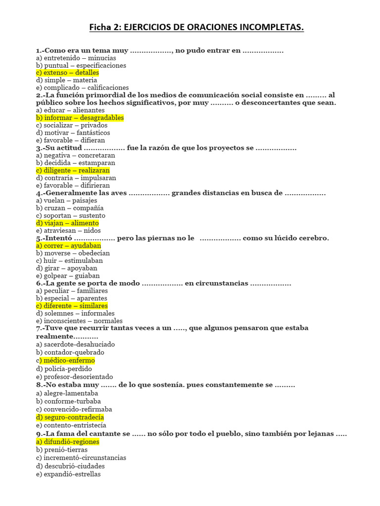 Ficha 2. Oraciones incompletas Rsptas | PDF