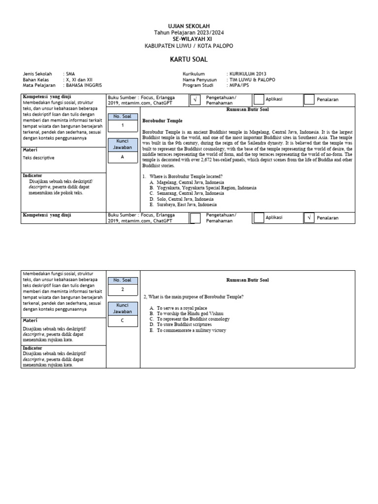 Kartu Soal Us Utama Basing 2024 - Revisi | PDF
