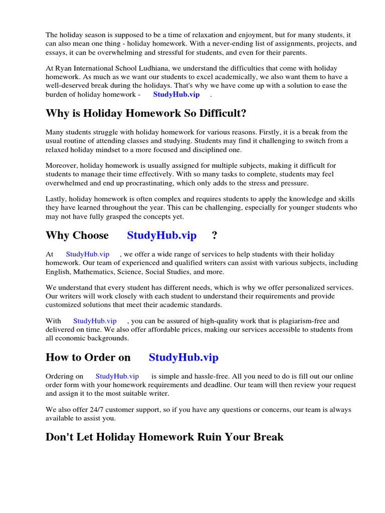 Holiday Homework Ryan International School Ludhiana | PDF | Homework