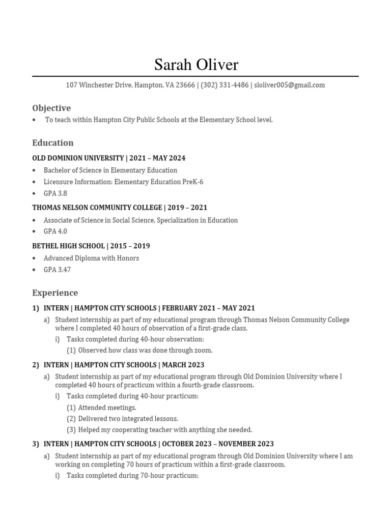 Sarah Oliver Resume 2024 | Download Free PDF | Teachers | Learning
