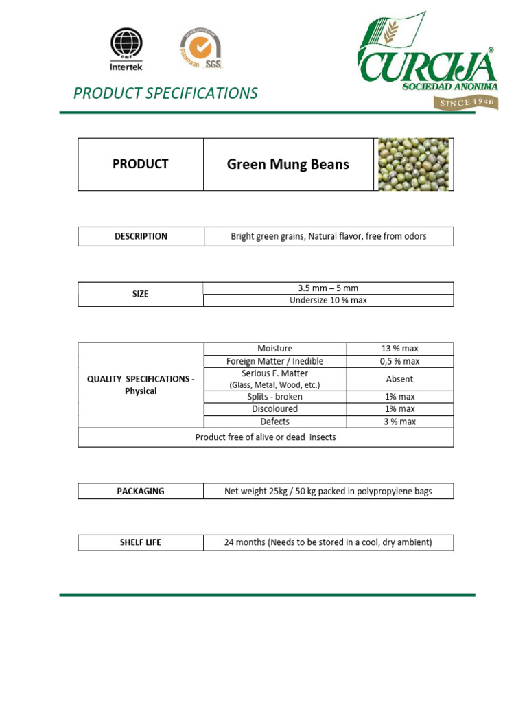 Green Mung Beans Product Specification 2021 | PDF