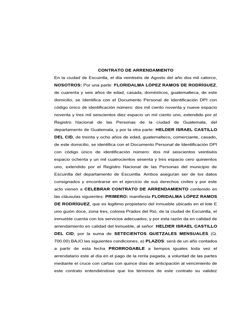 Contrato de Arrendamiento Floridalma Lopez y Helder Castillo 2014 | PDF ...