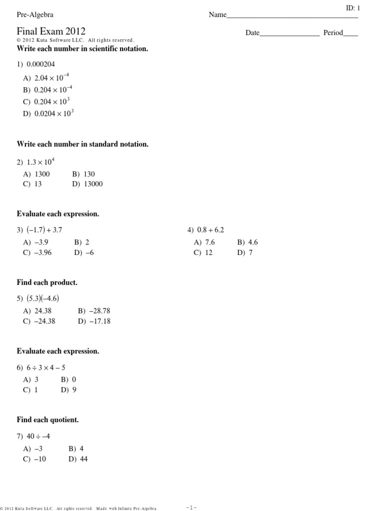 Pre-Algebra - Final Practice | PDF | Mathematical Objects ...