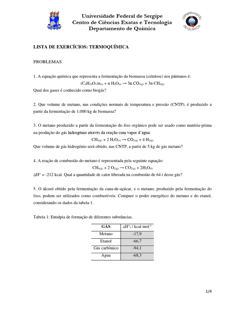 LISTA DE EXERCÍCIOS TERMOQUÍMICA v4 | PDF | Metano | Combustão
