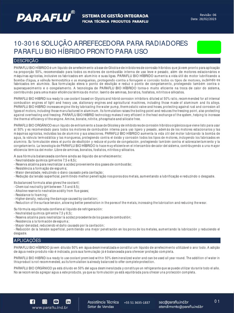 Ficha Tecnica Paraflu Bio Hibrido Pronto para Uso | Download grátis PDF ...
