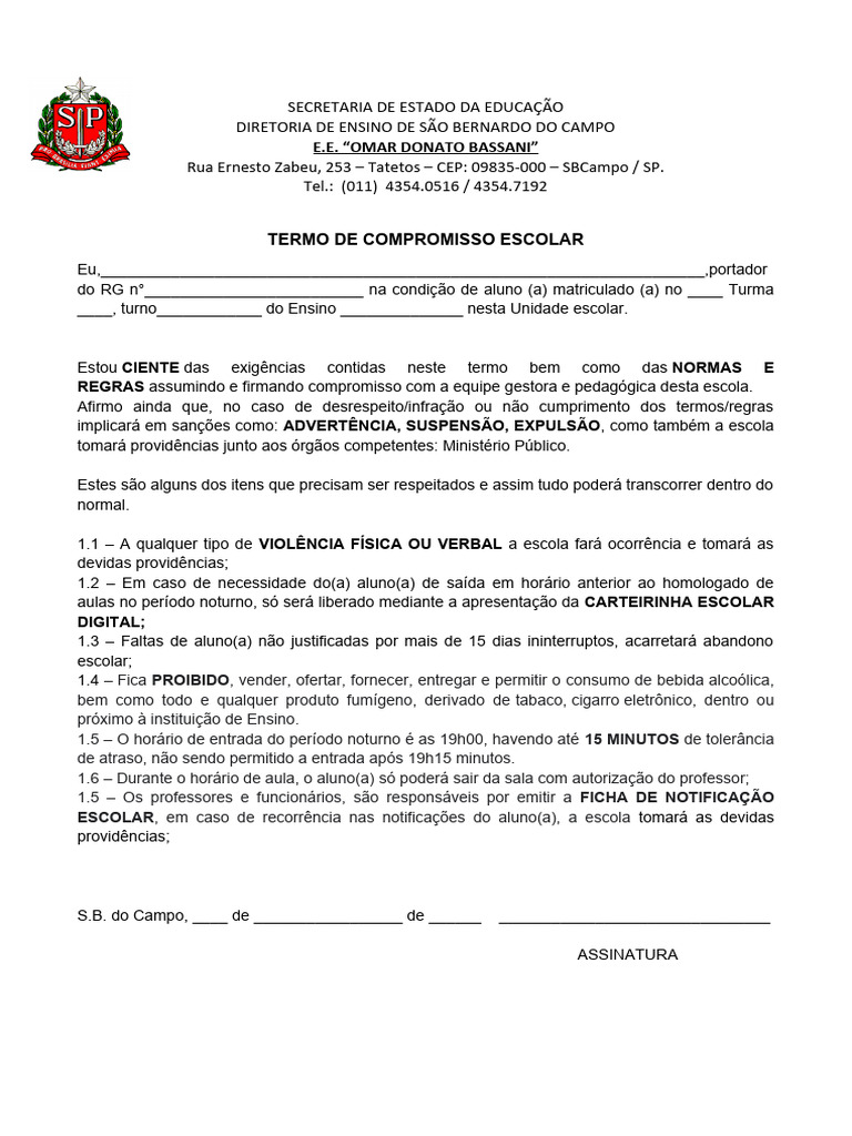 Modelo Termo de Compromisso Escolar EJA - 2023 | PDF