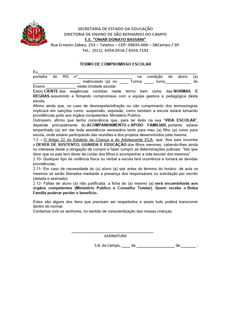 Modelo Termo de Compromisso Escolar 2023 | PDF | Escolas Modelo Termo de Compromisso Escolar 2023 | PDF | Escolas