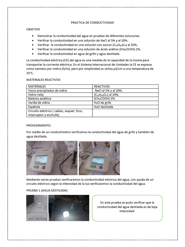 Practica de Conductividad | PDF | Agua | Resistividad Eléctrica y Conductividad