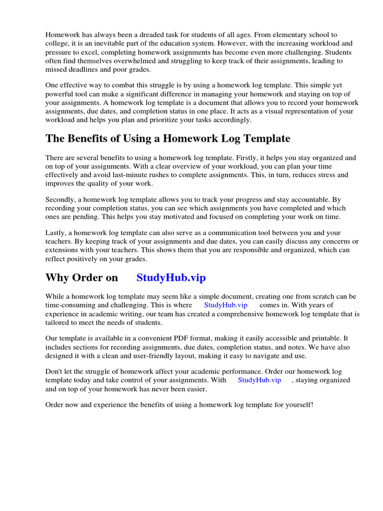 Homework Log Template PDF | PDF | Homework | Safari (Web Browser)