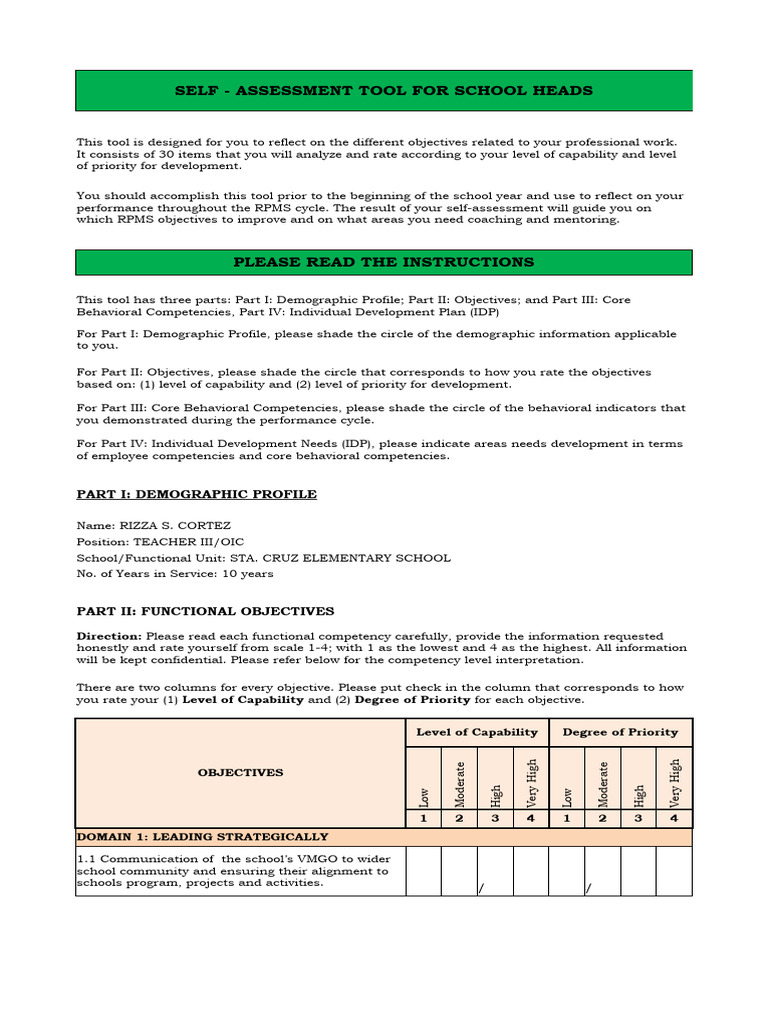 Self Assessment Tools and Idp For School Heads Rizza Cortez | PDF ...