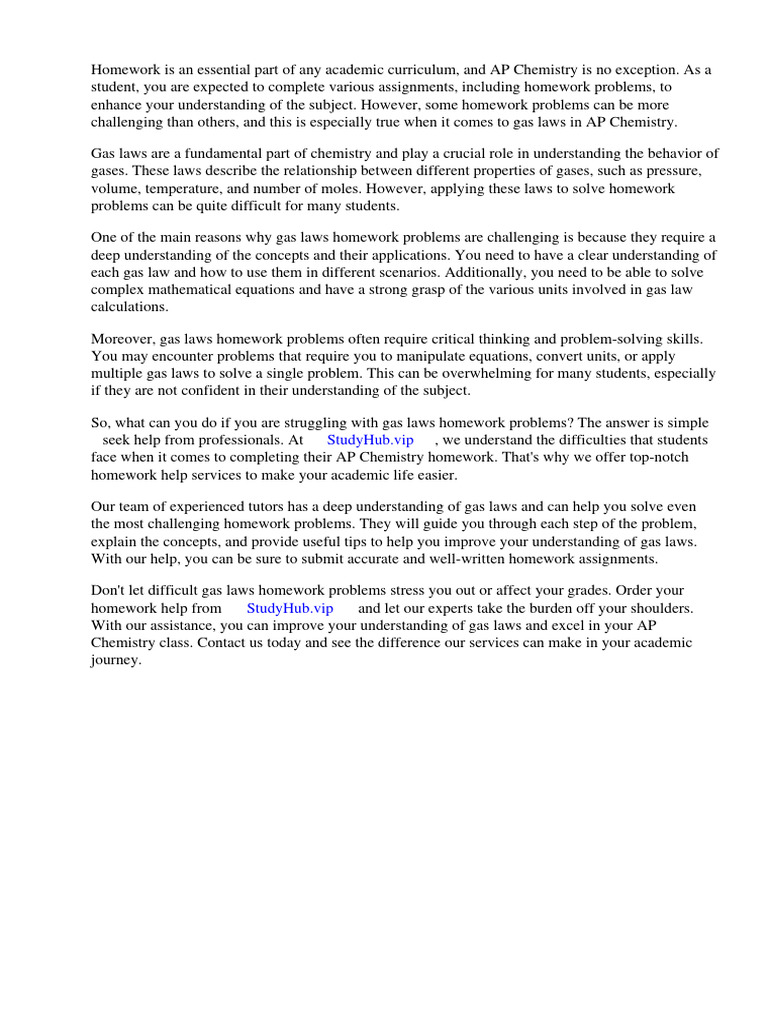 AP Chemistry Homework Problems Gas Laws | PDF | Gases | Worksheet