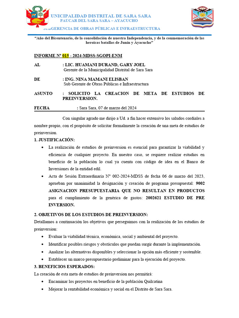 creacion de la meta de preinversion (1) | PDF | Presupuesto | Economias