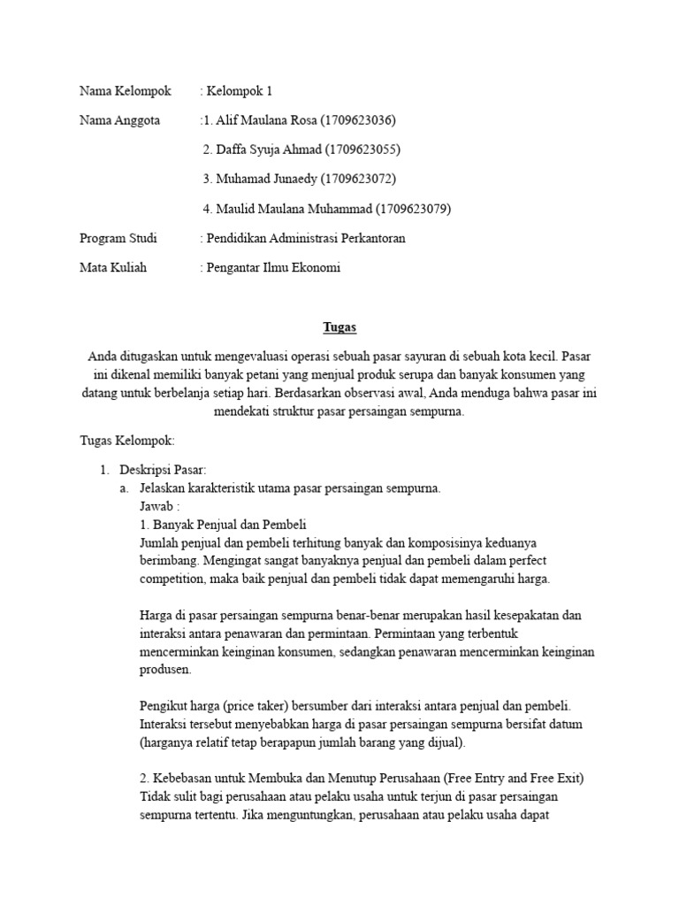 Kelompok 1 - Tugas Pasar Persaingan Sempurna | PDF