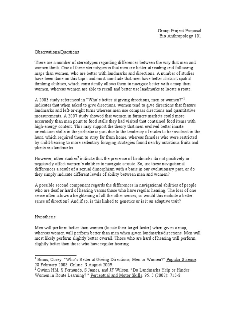 Gender & Navigation Project Proposal | PDF | Stereotypes | Surveying
