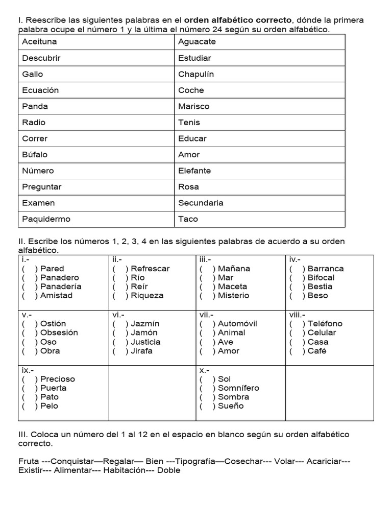Ejercicio de Orden Alfabetico | PDF