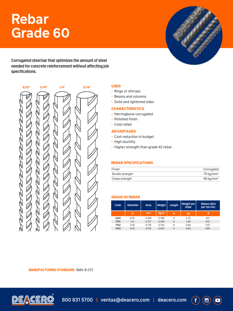 rebar-grade-60-deacero-spec-sheet | PDF | Industrial Processes | Metals