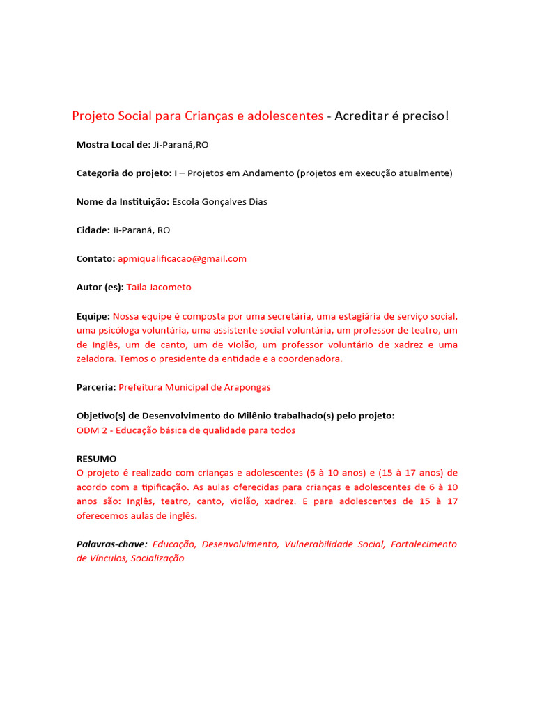 Projeto Social para Crianças e Adolescentes | PDF | Adolescência ...