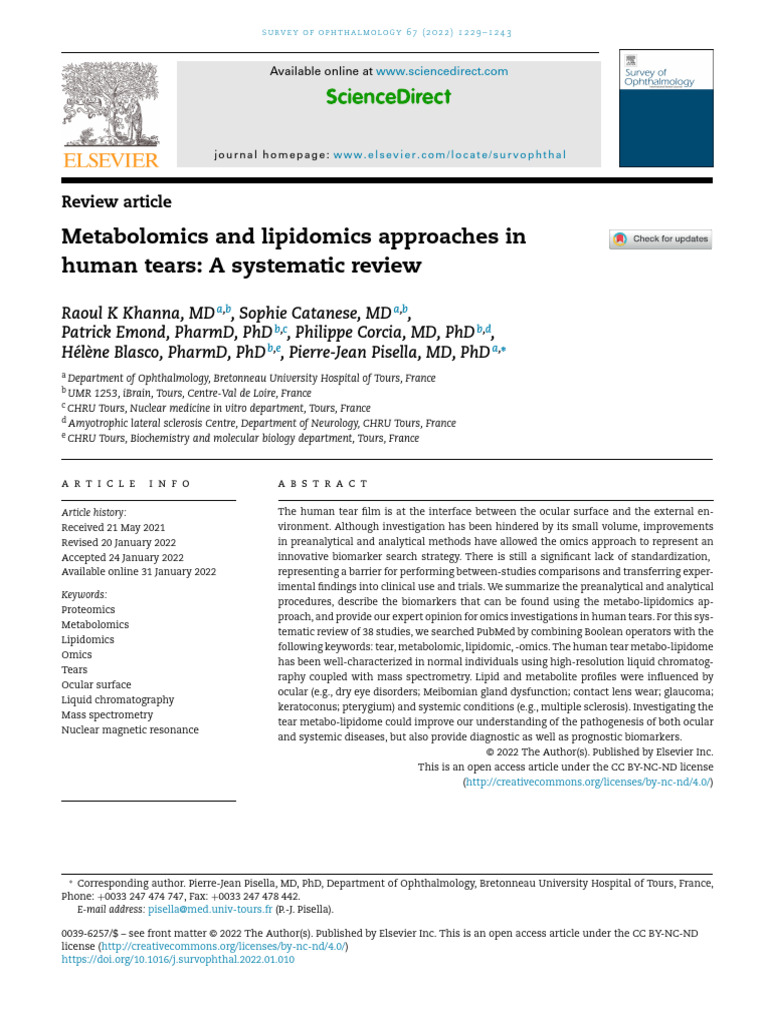 Metabolomics in Human Tears: Review | PDF | Metabolomics | Biomarker