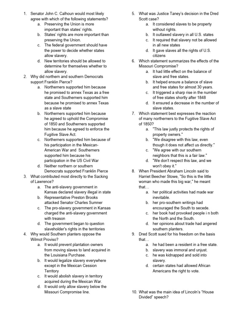 Causes of Civil War Test | PDF | Abraham Lincoln | Slavery In The ...