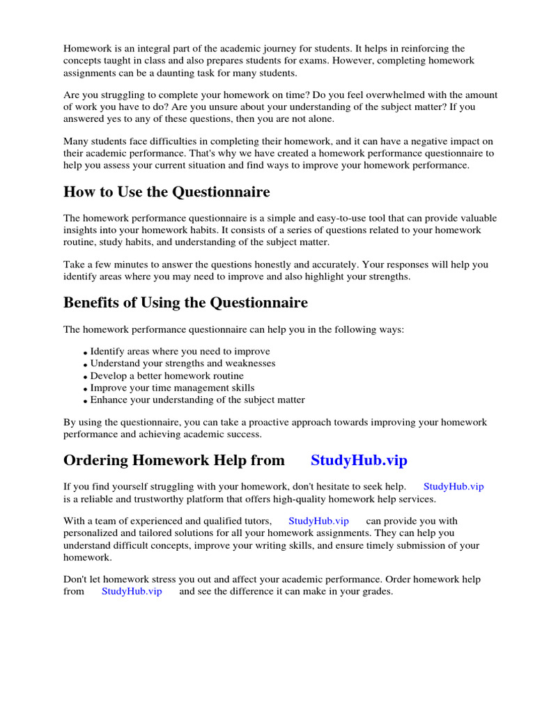 Homework Performance Questionnaire | PDF | Survey Methodology | Teachers