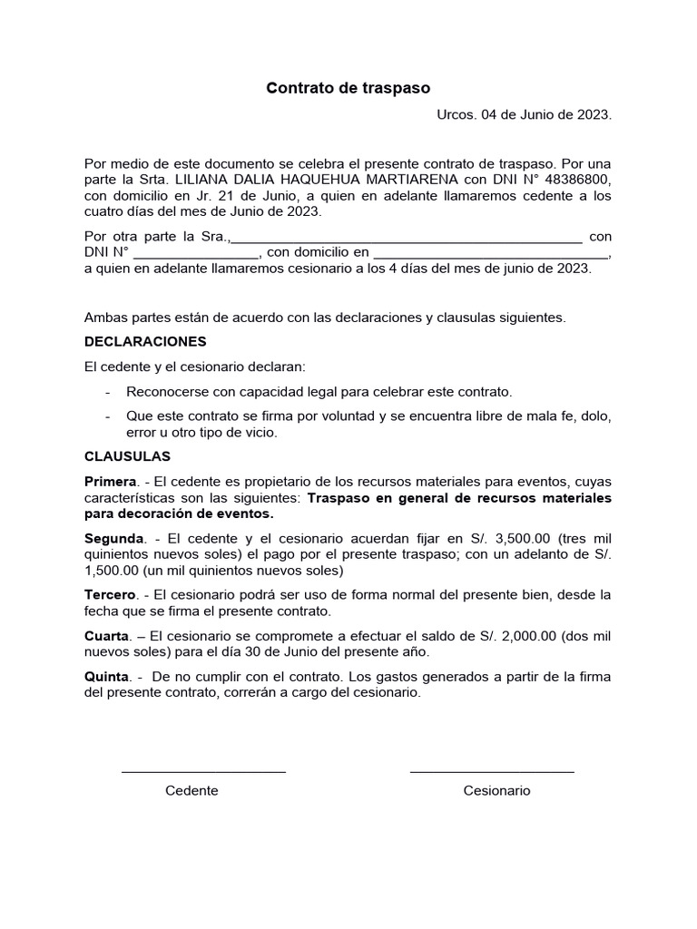 Contrato de Traspaso | PDF