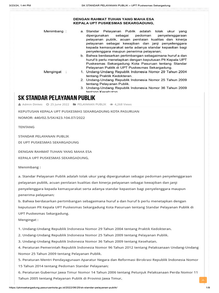 SK STANDAR PELAYANAN PUBLIK - UPT Puskesmas Sekargadung | PDF
