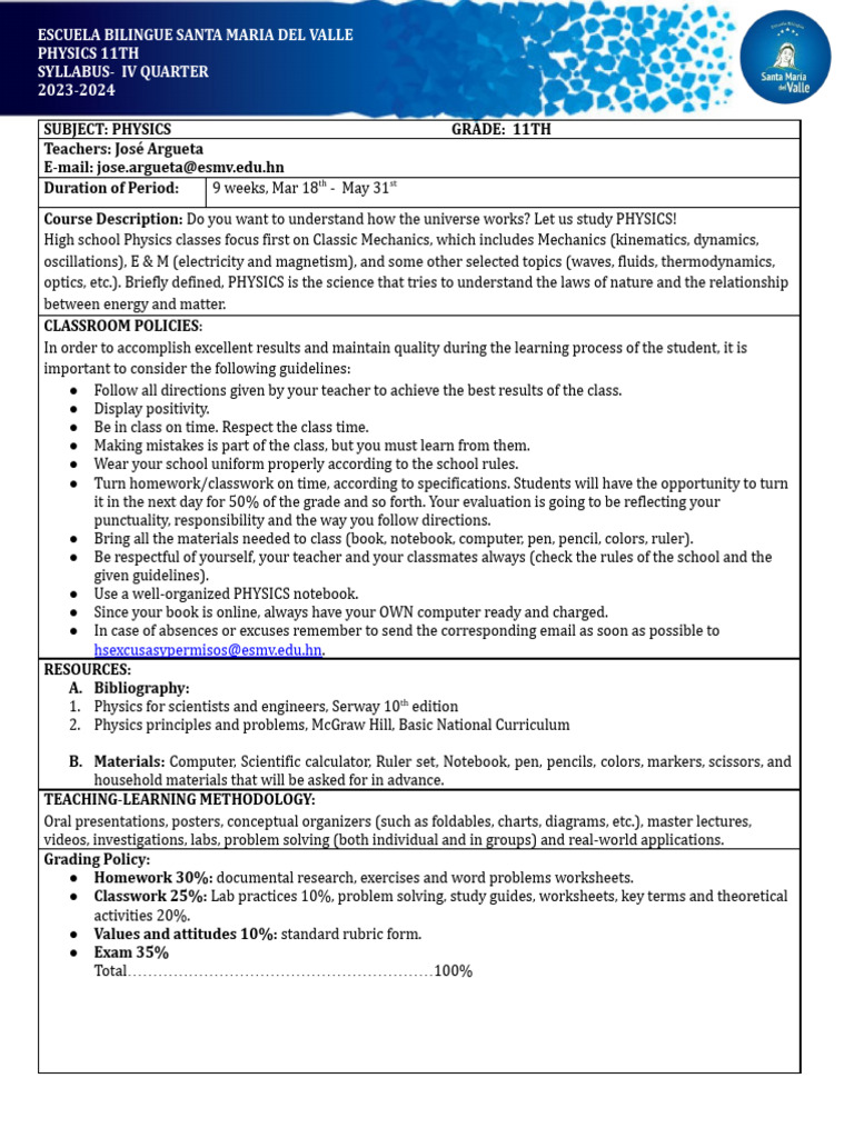 11th Grade Physics Syllabus 2023-2024 | PDF | Force | Physics