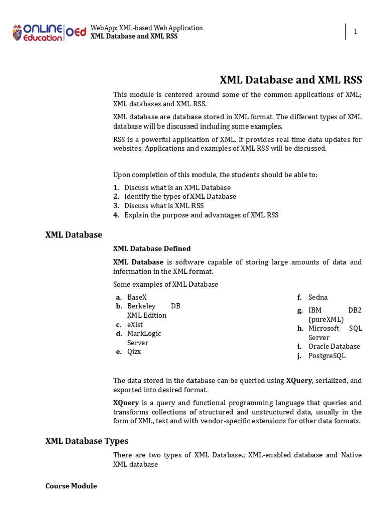 W12 Lesson 10 Xml Database And Xml Rss Module Pdf Databases Xml