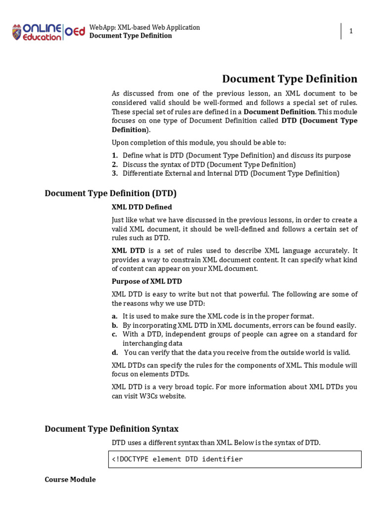 W10 Lesson 8 - Document Type Definition - Module | PDF | Xml | Computing