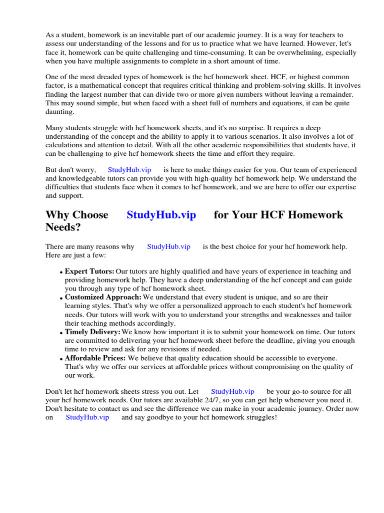 HCF Homework Sheet | PDF | Homework | Cognition