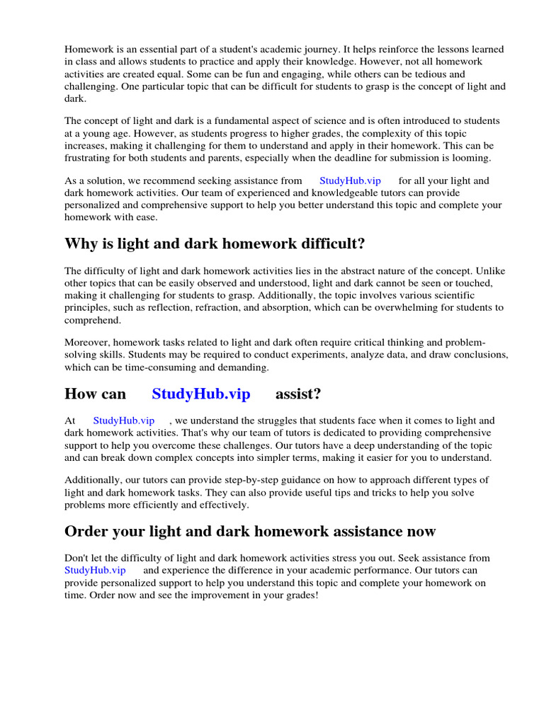 Light and Dark Homework Activities | Download Free PDF | Light | Homework