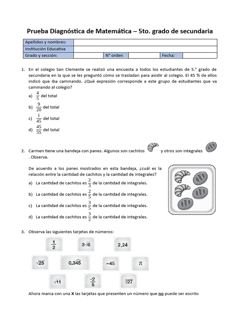 Prueba Diagnóstica Matemática 5to Grado | PDF | Tren