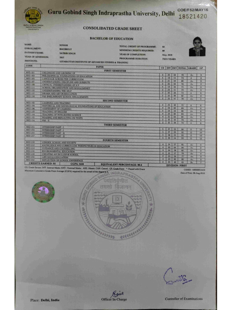 Sonam BEd Marksheet | PDF