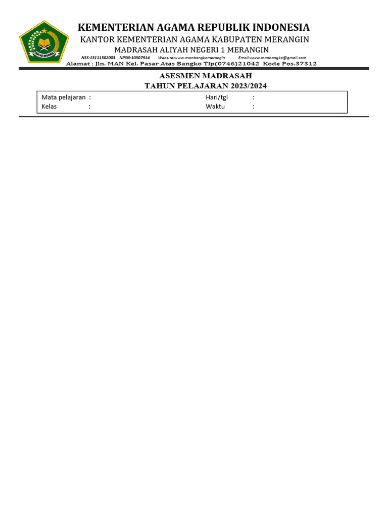 Contoh Kop Soal Ujian Madrasah 2024 | PDF