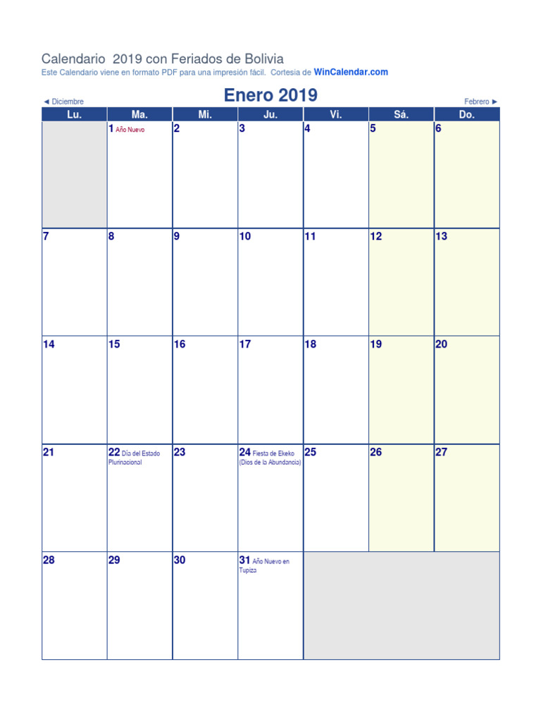 Calendario 2019 | Descargar gratis PDF | Bolivia | Observancias