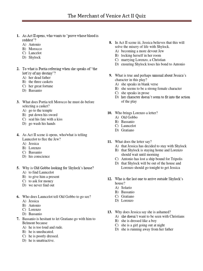 Merchant of Venice Act II Quiz | PDF | The Merchant Of Venice | British ...