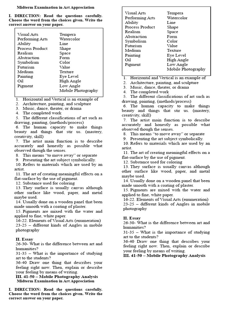 Midterm Examination in Art Appreciation | PDF | Paintings | The Arts