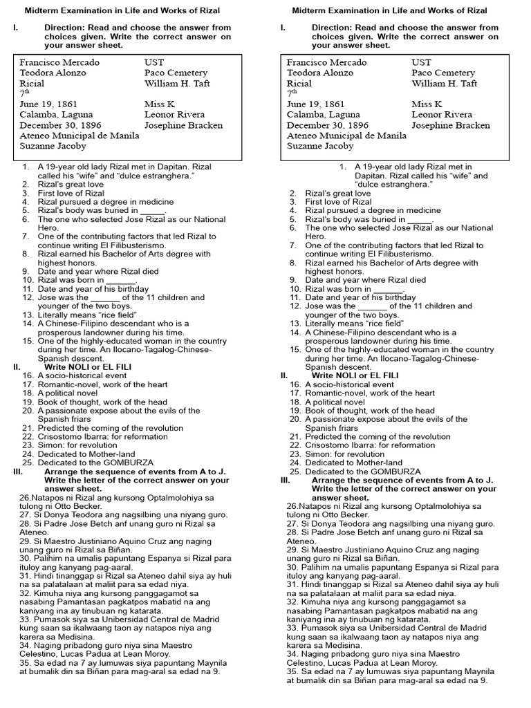 Midterm Examination in Life and Works of Rizal | PDF | Spanish East Indies