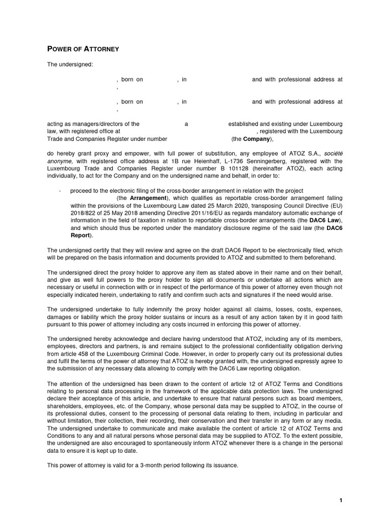 Template - Proxy EFiling DAC6 Report | PDF | Power Of Attorney | Indemnity