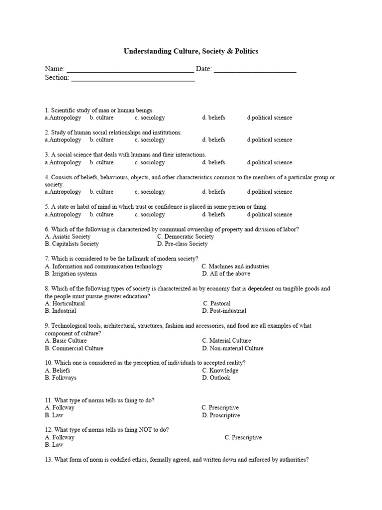 Understanding Culture Long Quiz | PDF | Homo | Society