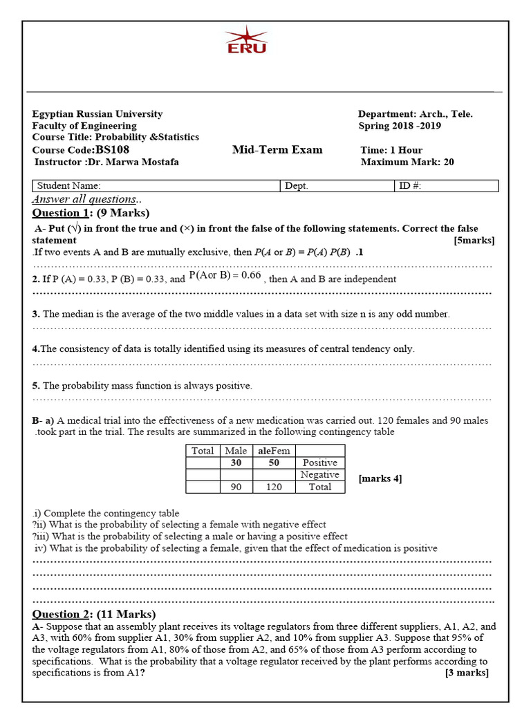 Probability & Stats Exam | PDF | Applied Mathematics | Probability Theory