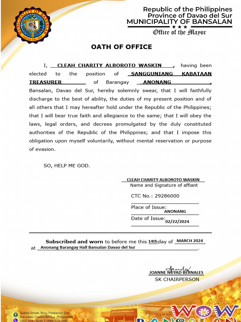 SK Treasurer Oath of Office Document | PDF