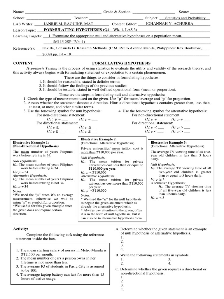 Stat Q4 WK1 Las3 | PDF | Hypothesis | Null Hypothesis