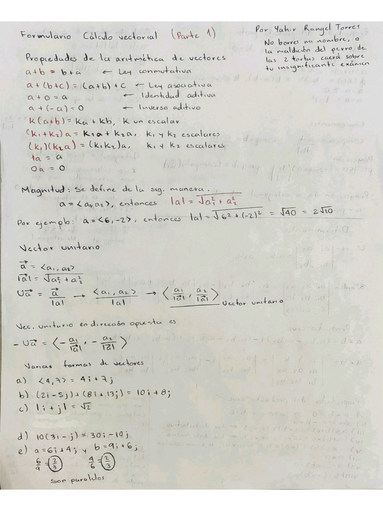 Formulario. Cálculo Vectorial | PDF