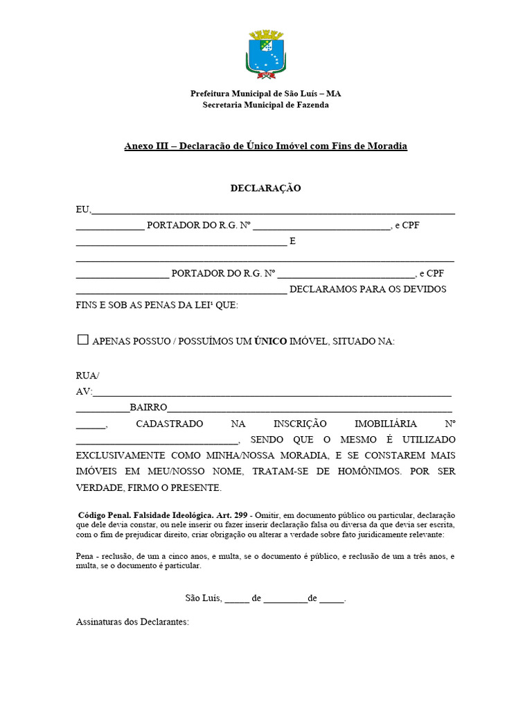 Anexo Iii Declaracao De Unico Imovel Com Fins De Moradia Pdf