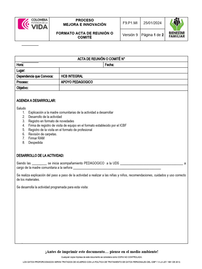 NUEVO F9.p1.mi Formato Acta de Reunion o Comite v9 | PDF
