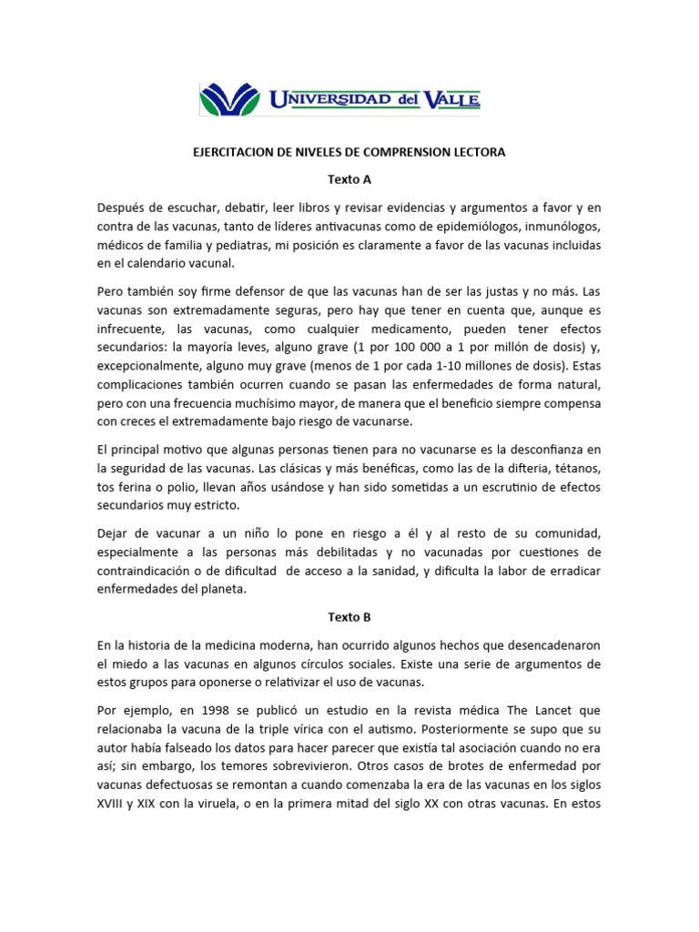 Ejercitacion de Niveles de Comprension Lectora Miercoles | PDF | Vacunas | Epidemiología