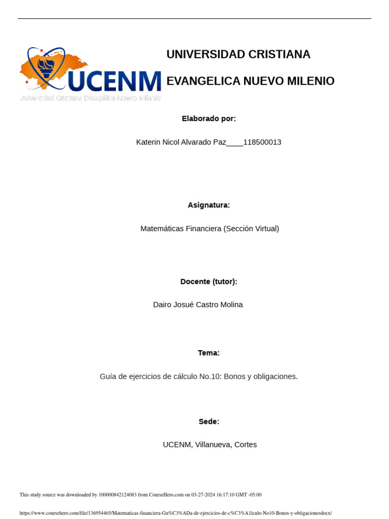 Matematicas Financiera Gu A de Ejercicios de C Lculo No.10 Bonos y Obligaciones | PDF | Cupón ...