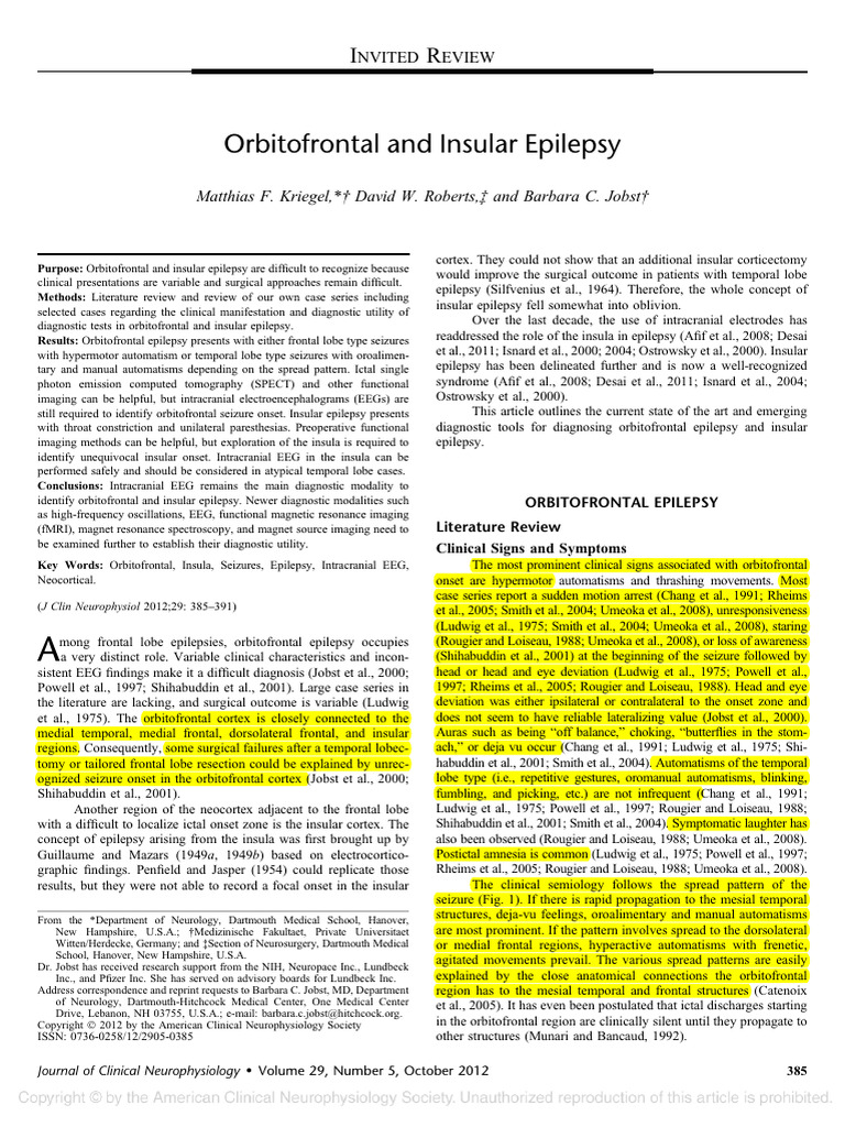 Orbitofrontal and Insular Epilepsy | PDF | Electroencephalography ...